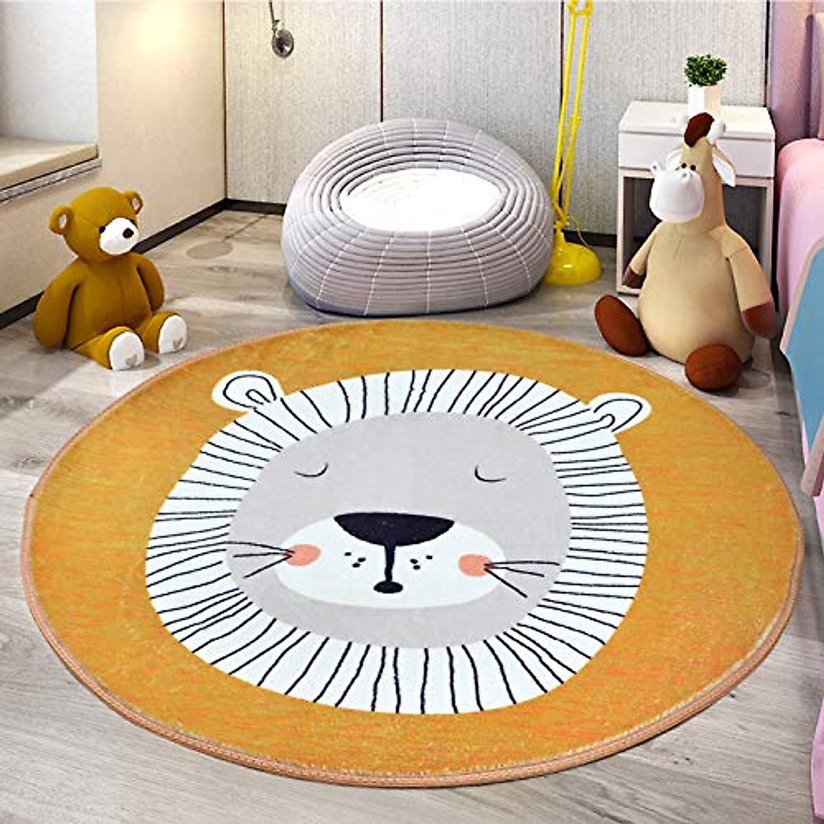 USTIDE Lion Kids Carpet, Round Baby Mat Kids Room Decoration, Washable Non-Slip Cartoon Themed Children Rug for Kindergarten Nursery School Rug Baby Playmats, 47.2''