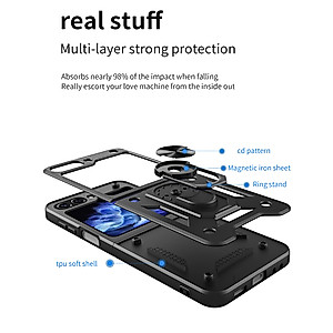 CCSmall for Samsung Galaxy Z Flip5 Case for Men, Military Grade Drop Protective Phone Cover Case with Ring Kickstand for Samsung Galaxy Z Flip 5 SJ Black