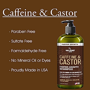 Hair Chemist Caffeine and Castor Faster Growth Shampoo 33.8 oz. - Hair Shampoo for Faster Hair Growth, Sulfate Free Shampoo