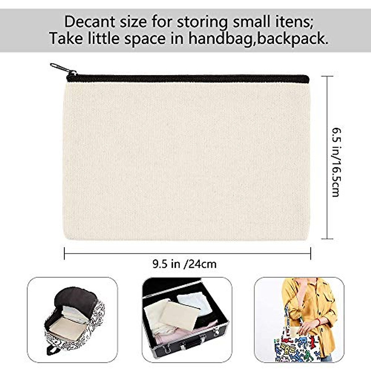 BYETIVE 9.5"×6.5" Canvas Zipper Bag Reusable Cotton Canvas Zipper Pouch Blank DIY Craft Canvas Bag Bulk for Painting Cosmetic Bag Makeup Toiletry Bag Pencil Case Pouches 10 pack
