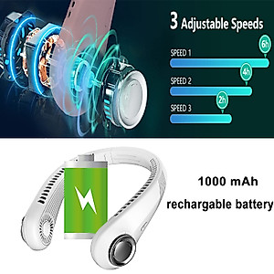 Personal Neck Fan Rechargeable Hands Free Fan - 3 Wind Speed Portable sports fan for Travel Indoor Outdoor - USB Powered Adjustment Cooling Fan for Women Men