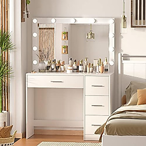 Irontar Makeup Vanity Table, Makeup Table with Large Mirror and 11 LED Lights, Brightness Adjustable, Dressing Table Desk with 4 Drawers, Bedroom Vanity Desk for Girls, Women, White WDT002W