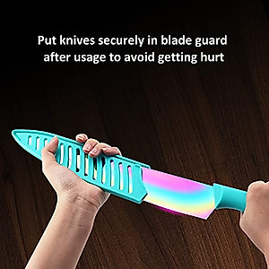DISHWASHER SAFE Kitchen Knife Set, Marco Almond® KYA37 12-Piece Rainbow Titanium Stainless Steel Boxed Knives Set for Kitchen with Sheath, 6 Knives with 6 Blade Guards, Teal