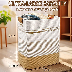DOFASAYI Laundry Hamper - 85L Large Laundry Basket with Leather Handles, Decorative Storage Basket for Blankets - Clothes Hamper for Living Room, Bedroom, Jute & White