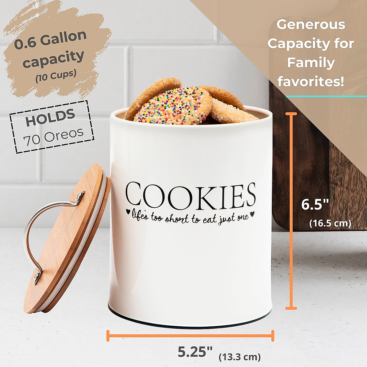 D'Lifeful Farmhouse Cookie Jars for Kitchen Counter with Airtight Seal Bamboo Lid - Decorative Tin Cookie Jar with Lids - Storage Container for Cookies and Baking Supplies