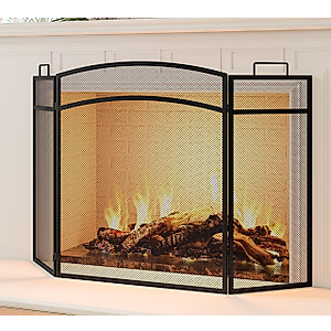 Calidola 3 Panel Fireplace Screen 48" W x 29" H Modern Foldable with Wrought Metal Decorative Mesh,Arch Heavy Duty Fire Spark Guard Cover for Home Decor Indoor, Black