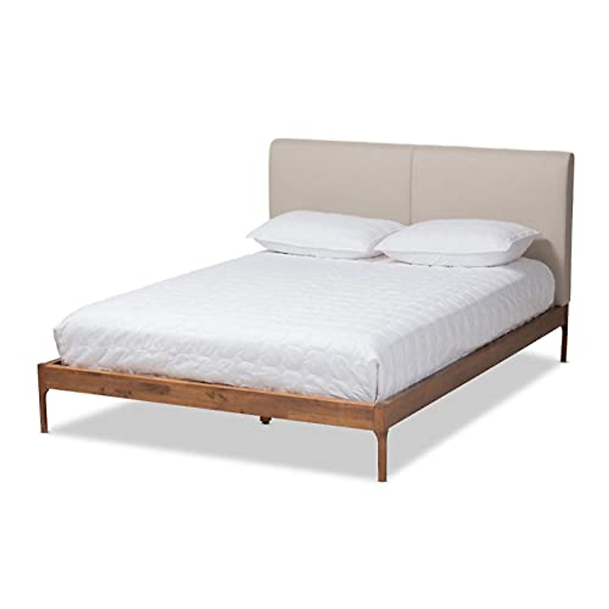 Baxton Studio Aveneil Mid-Century Modern Beige Fabric Upholstered Walnut Finished King Size Platform Bed