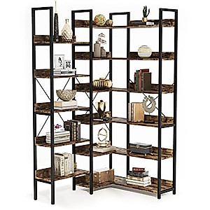 PAKASEPT 6-Shelf Corner Bookshelf, Triple Wide 6-Tier Bookcase, Large Modern Corner Shelf with Metal Frame, Open Bookshelves for Living Room Home Office, Rustic Brown