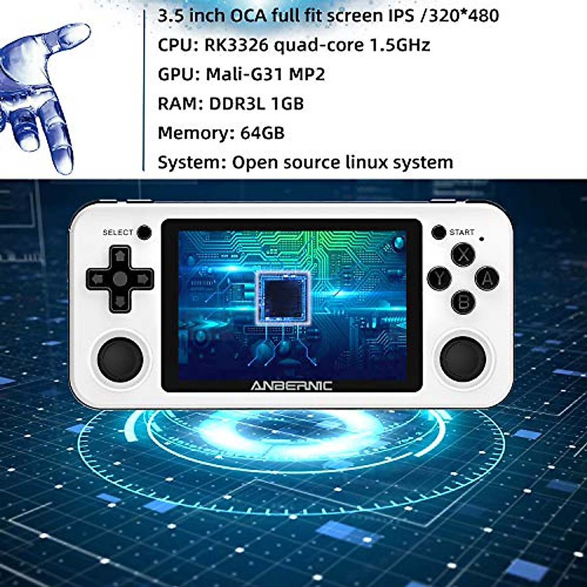 RUIXIAO RG351P Handheld Game Console,Plug & Play Video Games Supports TF Extend 256GB , Portable Game Console 3.5 Inch IPS Screen Double 3D Rocker Supports 3.5mm Sound Headphones (White)