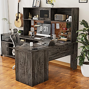 Unikito Office Desk with Drawers and Hutch, Large L Shaped Computer Desk with Power Outlet and LED Lights, 60 Inch Modern Corner Desk with File Cabinets, Sturdy 2 Person Home Office Table, Gray Oak