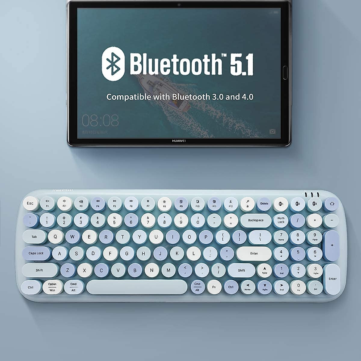 MOFII Bluetooth Wireless Keyboard for iPad, Laptop, PC, Mac, Smartphone, Connect 3 Bluetooth Devices, Cute Colorful Round Keys Retro Aesthetic Keyboard - Blue