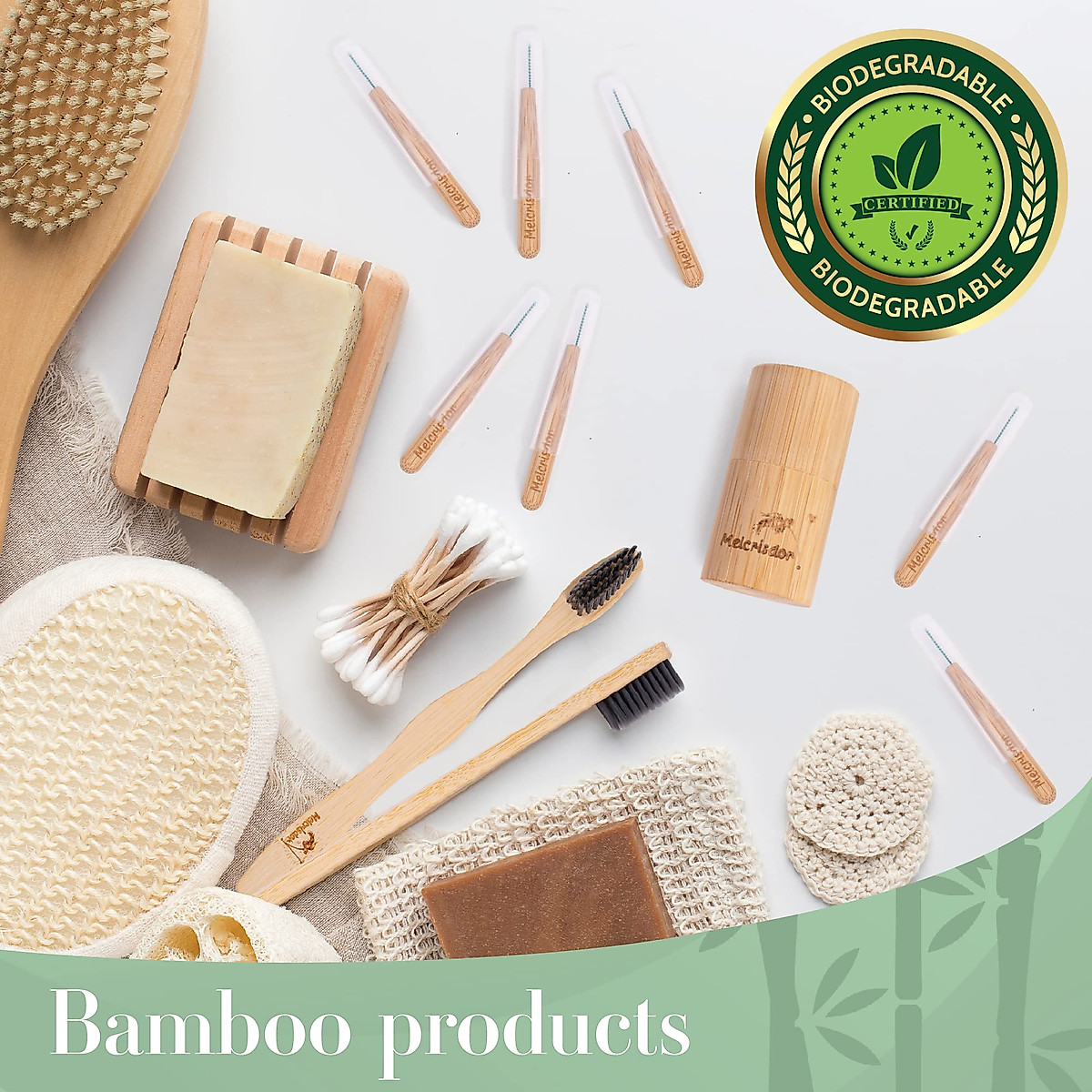 Bamboo Toothbrushes Set - Holder Charcoal Dental Floss,Interdental Brushes and Metal Tongue Scraper