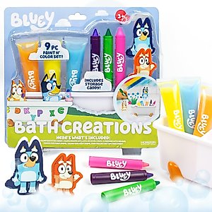 Bluey Bath Creations, 9-Piece Bluey Activity Set, Fun Bluey Bath Toys, Includes Washable Bath Paints, Bath Crayons, Bath Toy Storage, Bath Paint for Toddlers 1-3, Fun Bluey Gifts, Toddler Art Supplies