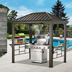 ABCCANOPY 6x8 Grill Hardtop Gazebo - Outdoor Metal Gazebo with Galvanized Steel Roof, Permanent Aluminum BBQ Canopy with Shelves for Patio, Lawn, Garden (Single Roof, Dark Brown)