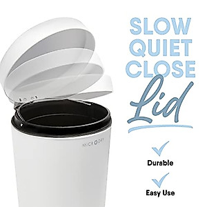 MICRODRY - Round Garbage Can with Slow Close Lid, Rust-Resistant Step Trash Can with Lid and Inner Trash Bin, Trashcan for Your Kitchen or Bathroom, White Garbage Bin with White Lid, 5-Liter Capacity