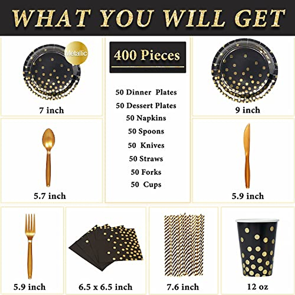 DECORLIFE Black Paper Plates, 400PCS Serves 50, Black and Gold Plates and Napkins Party Supplies, 12oz Cups, Utensils, Straws for Graduation Homecoming Retirement Anniversary Birthday Party