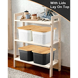 AREYZIN Plastic Storage Bins with Bamboo lids and Stackable Storage Baskets for Shelves - Organize Your Home or Office with These Space-Saving Storage Solution,6 Pack,White