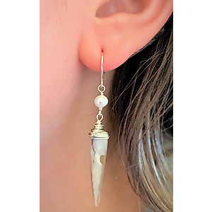 Natural Baroque Pearl and Shell Spike Dangle Earrings, Cultured Pearl, Natural Shell, Sterling Silver Ear Wire, Pearl White, Handmade -2~2 1/4 Inches Long with Ear Wire