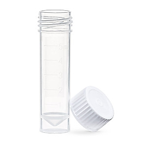 Globe Scientific 6101S Polypropylene Molded Graduations Conical Bottom Self Standing Transport Tubes with Attached White Polyethylene Screw Cap, Sterile, 5ml Capacity, Pack of 500
