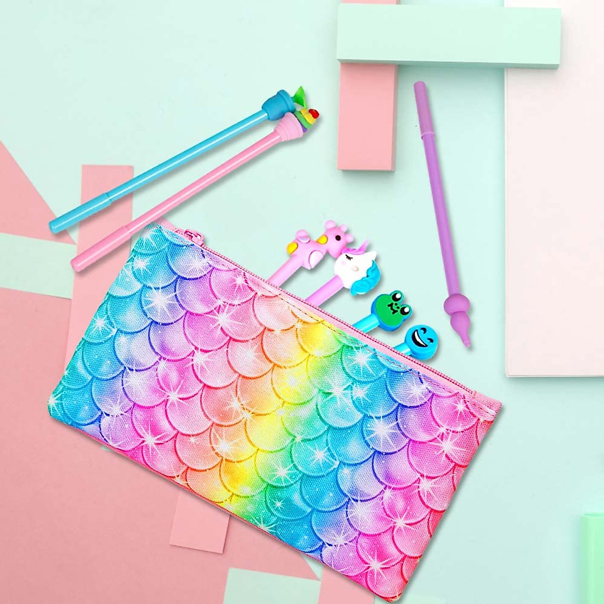 gxtvo 3PCS Backpack for Girls, 14.5" Mermaid Sequin Preschool Elementary Bookbag and Lunch Box