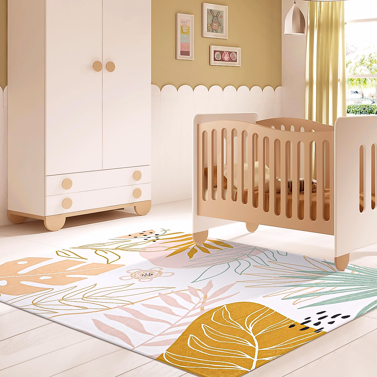 Yamaziot Washable Area Rug 5x7 Non-Slip Pink Boho Rug for Bedroom Cute Soft Throw Kids Nursery Rug, Low Pile Abstract Plant Print Soft Floor Carpet for Bedroom Nursery Classroom Living Room