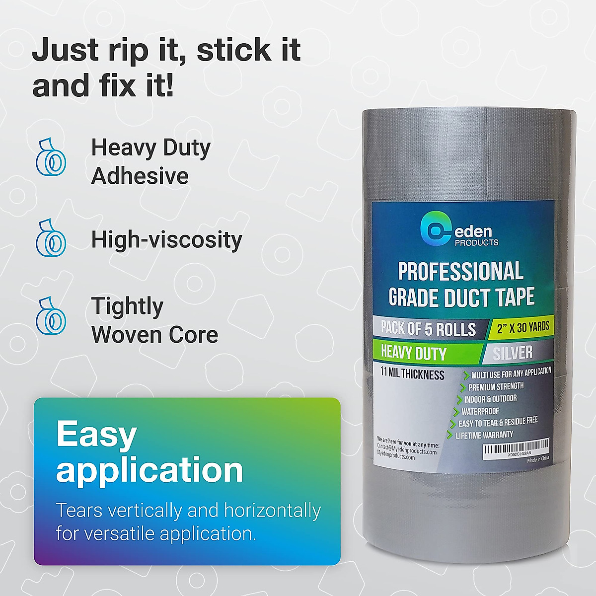 EdenProducts Duct Tape Heavy Duty Waterproof Bulk 5 Pack, Strong Industrial Max Strength Gray Tape Multi Roll Pack, Silver 30 Yards x 2 Inches, Indoor & Outdoor Use, No Residue, Tear by Hand