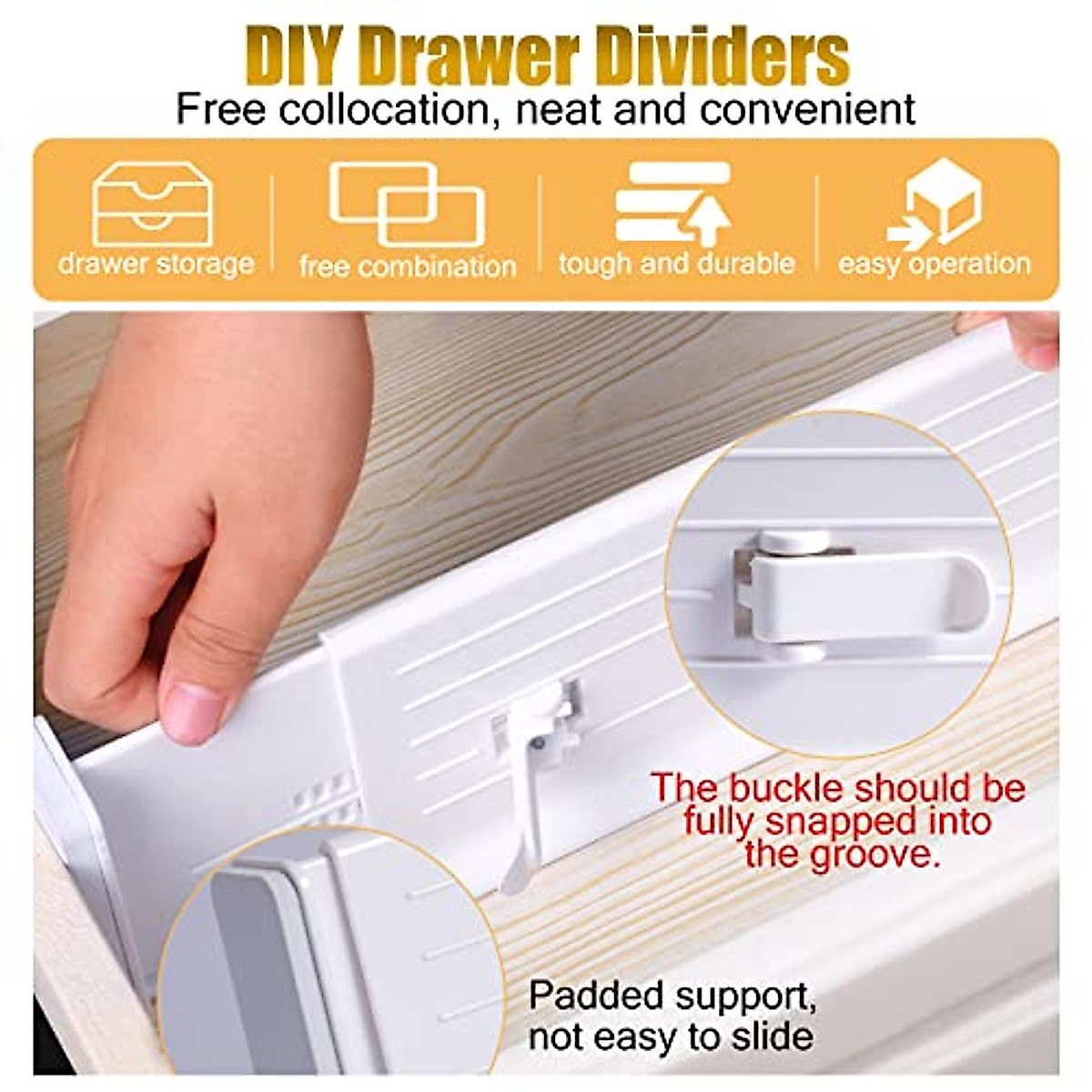 Drawer Dividers Organizer, Adjustable Drawer Dividers for Clothes, Drawer Separators, Expandable Drawer Organizer from 10.6-18" for dresser organizer, kitchen utensils,Socks, Office, Bathroom, 4 Pack