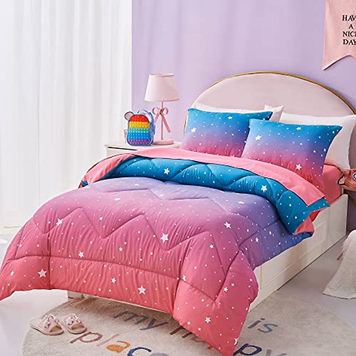 ART DEMO Rainbow Pastel Purple Comforter Sets for Teen Girls, Full Size 5 Pieces Bed in a Bag, Ultra Soft Microfiber Comforter and Sheet Sets, Cooling Summer Dorm Bedding Set