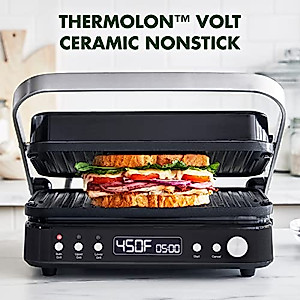 GreenPan 6-in-1 Multi-Function Contact Grill & Griddle, Healthy Ceramic Nonstick Aluminum, Two Sets of Grill & Waffle Plates, Adjustable Shade & Shear, Closed Press/Open Flat Surface, Matte Black