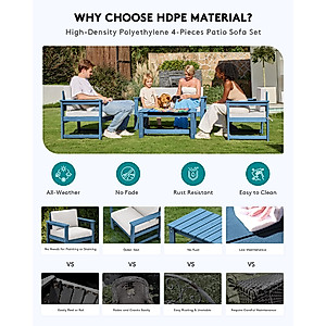 SERWALL 4 Pieces HDPE Outdoor Conversation Sofa Set with Cushions, Blue Frame and Khaki Cushion