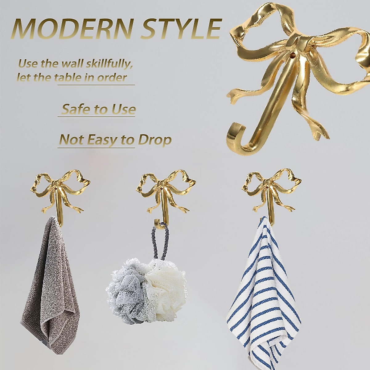 KOKOWOO Bow Hook Gold, Brass Hook, Wall Hook Home Decorative Hook Bow-Knot Brass Hook Gold Bow Hanger for Wall Hooks for Hanging for Coat Hat Towel Multi-Purpose Hooks (Medium)