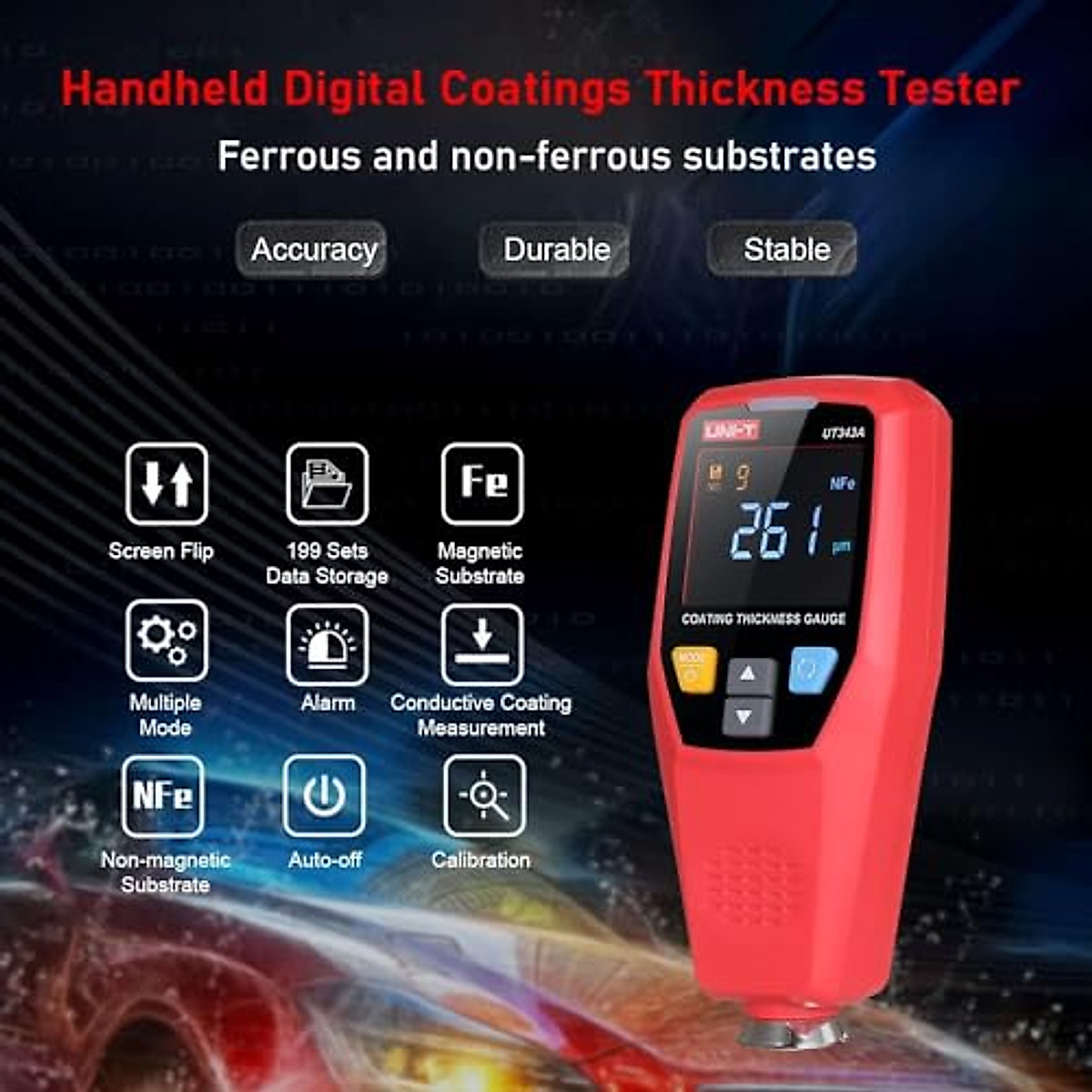 UNI-T UT343A Digital Coating Thickness Composite Gauge Meter Automobile Paint Film Tester Measuring FE/NFE Paint Tool USB Data Storage Single-Point Multi-Point Quick Judgment Prompt
