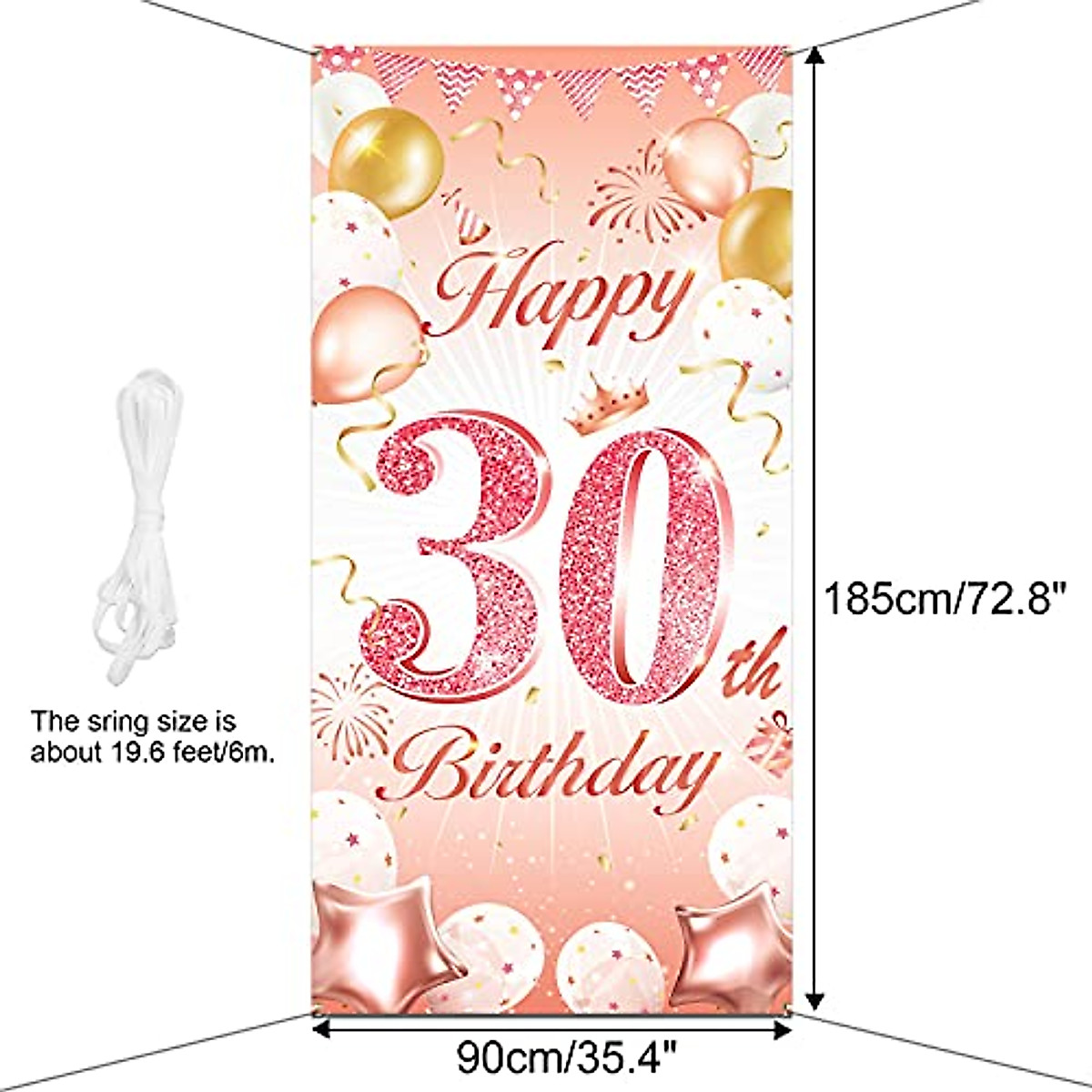 DPKOW Rose Gold 30th Birthday Party Decoration for Woman, Rose Gold 30th Birthday Banner for Backdrop Door Decoration,30th Birthday Background Banner for Garden Wall Decoration, 185 x 90cm Fabric