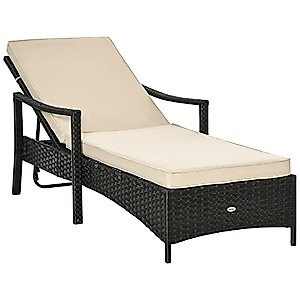 Outsunny Wicker Chaise Lounge, 4 Position Adjustable Backrest and Cushions Outdoor Lounge Chair PE Rattan Sun Lounger for Poolside, Balcony or Garden, Beige