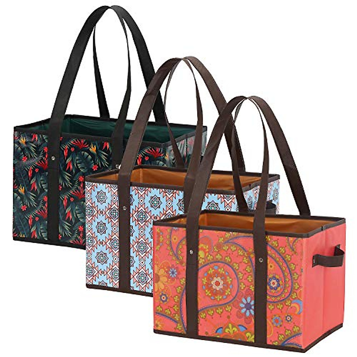 Foraineam Reusable Grocery Bags 3 Pattern Assorted Durable Heavy Duty Grocery Totes Bag Collapsible Grocery Shopping Box Bags with Reinforced Bottom