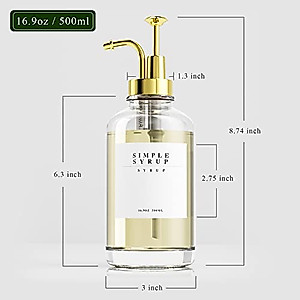 TIMIFTE Coffee Syrup Dispenser for Coffee Bar Accessories，Coffee Pump Dispenser, Glass Syrup Bottle with Gold Pumps and 42 Labels, 16.9 oz 500 ml (4 Pack)