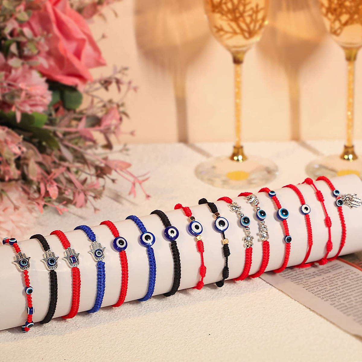 16 Pieces Evil Eye Bracelets Adjustable Braided Lucky Bracelet Ojo Bracelet Black Red Cord Bead Bracelet Hand Kabbalah Protection Amulet Gifts for Christmas Women Men (Classic Style)