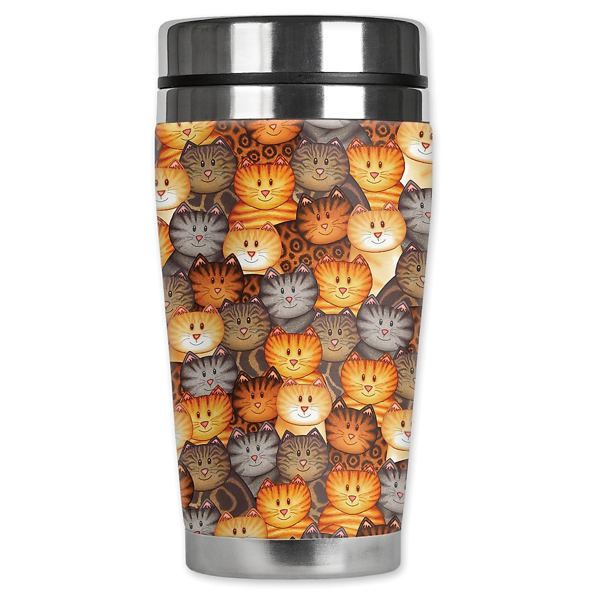 Mugzie Cat Faces Travel Mug with Insulated Wetsuit Cover, 16 oz, Black