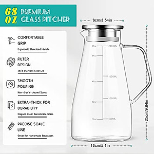 Glass Pitcher with Lid - HIHUOS 68oz Water Pitcher with Precise Scale Line - Easy Clean Heat Resistant Iced Tea Pitcher - Borosilicate Glass Carafe with Free Brush - Premium Gift Box
