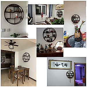 Bedroom Solid Wood Display Stand Living Room Wall Shelf Study Wall Hanging Bookshelf Household Round Shelf Balcony Flower Stand Floating Shelves (Color : Brown, Size : 50.5cm/19.9inches)