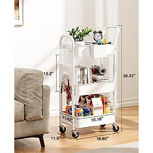 Pipishell 3-Tier Rolling Cart, Metal Utility Cart with Pegboard, Lockable Wheels & U-Shaped Handle, Storage Cart with 2 Hanging Cups & 4 Hooks for Living Room, Bedroom, Kitchen, Office (White)