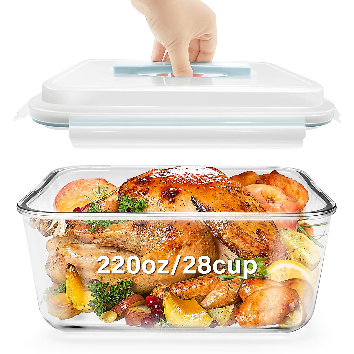 Extra Large Glass Storage Containers with Lids Airtight: Big Glass Containers with Lids - 220oz/28cup - XL Glass Rotisserie Chicken Container - Storing food Fruits Salads Free Oven Safe (Extra Large)