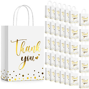 Tinlade 100 Pcs Thank You Gift Bags Bulk Paper Gold Thank You Wedding Bags with Handle for Business, Shopping, Wedding, Baby Shower, Party Favors (White)