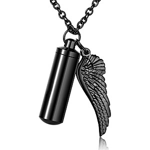 XIUDA Urn Necklace for Ashes with Angel Wing Cremation Jewelry for Ashes Cylinder Pendant Necklaces for Ashes(Black)