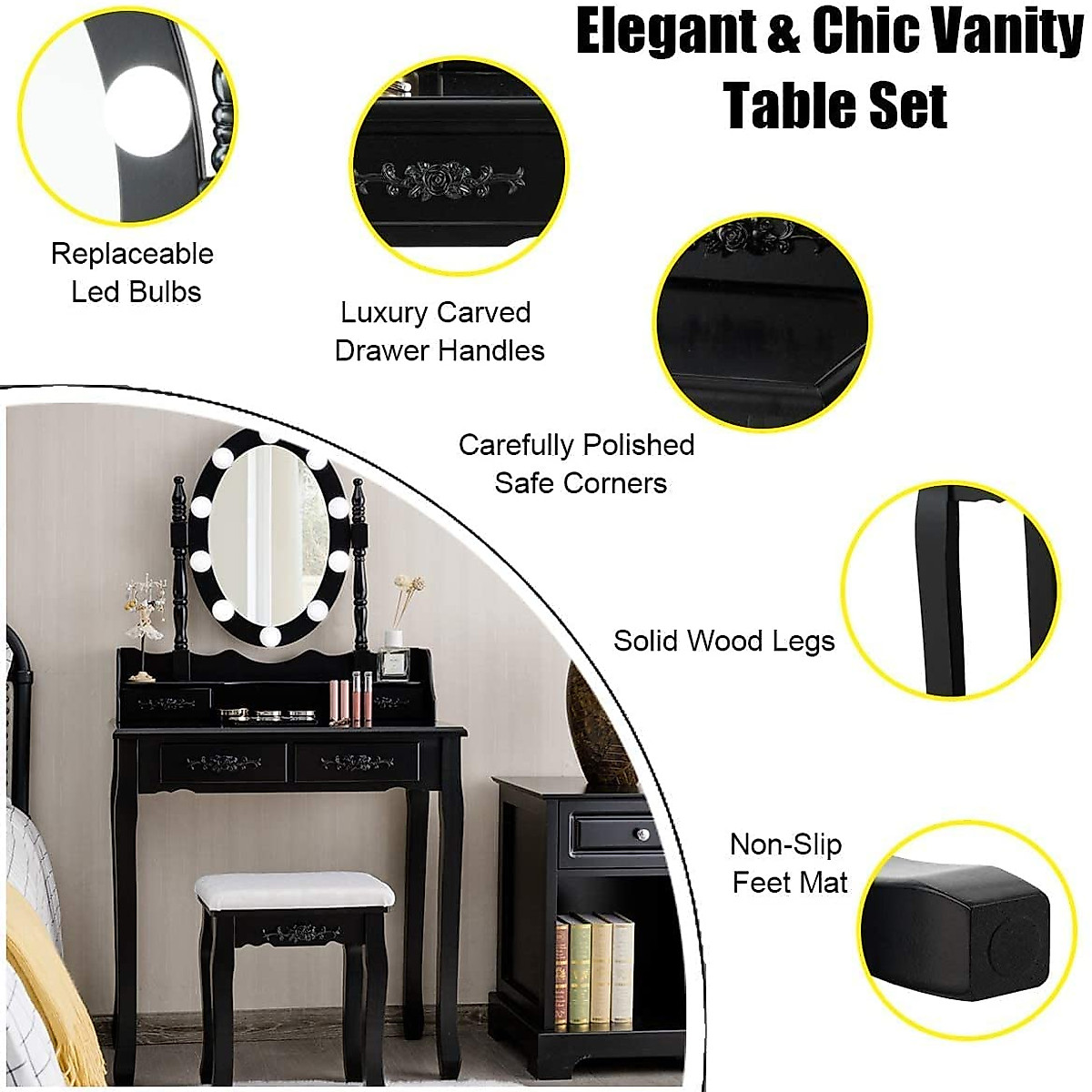 LDAILY Vanity Table Set w/Lighted Mirror, Makeup Vanity Table with 10 LED Lights, 4 Drawers & Oval Mirror, Bedroom Dressing White Black Dark Brown BC-HW66050US Vanity Table Set with Lighted Mirror