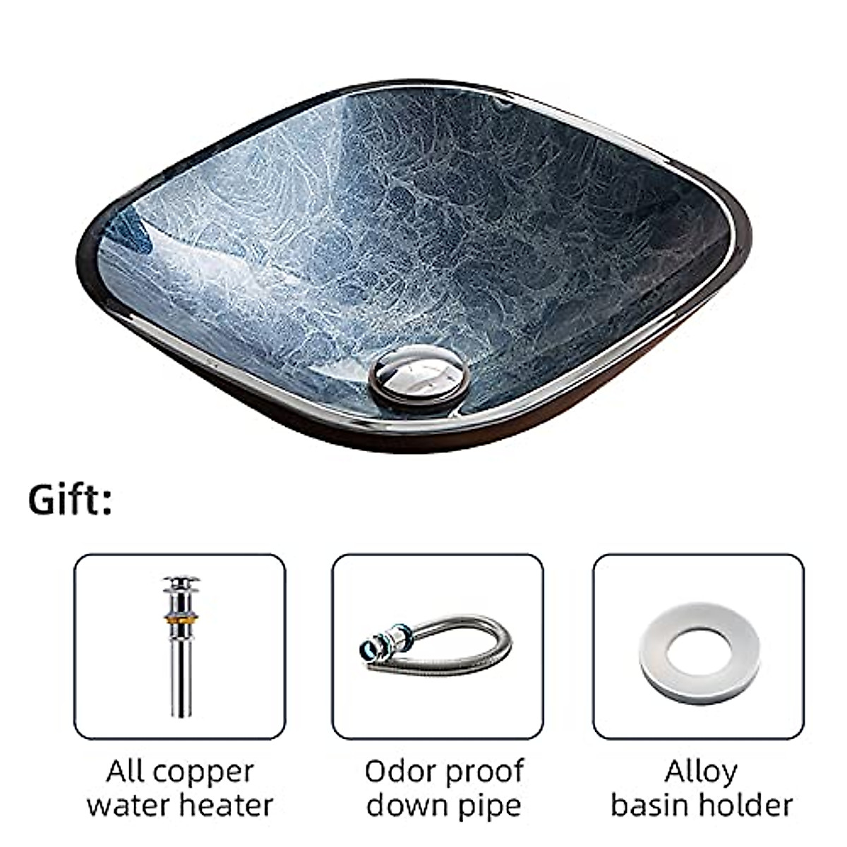 Bathroom Vessel Sink with Drain Combo, Countertop Bathroom Sink Bowl Tempered Glass Vanity Sink Bowl On the Top Navy Blue Vessel Bowl Sink, Does Not Include Faucet,Oval (Square Oval)