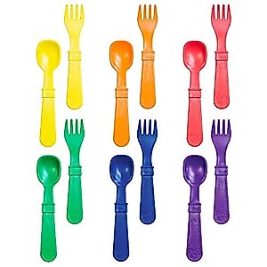 Re Play Made in USA 12pk Fork and Spoon Utensil Set for Baby & Toddler Feeding in Yellow, Red, Navy, Amethyst, Green & Orange -BPA Free- Made of Eco Friendly Recycled Milk Jugs- Crayon Box