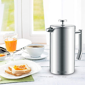 Belwares French Press Coffee Maker 50 Oz – Insulated Coffee Press Stainless Steel 304 Large – Coffee Spoon, Double Wall, & 4 Level Filtration System (1.5 Liter) – Silver