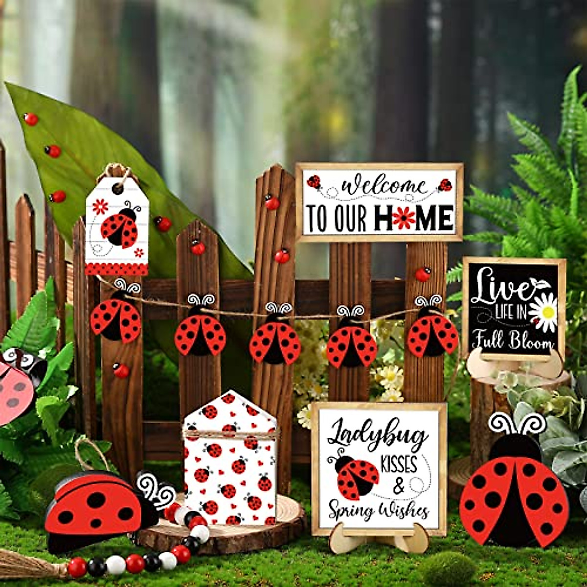 20 Pcs Ladybug Tiered Tray Decorations Spring Summer Ladybug Wooden Blocks Sign Ladybug Table Top Decor Red Farmhouse Ladybird for Home Kitchen Shelf Display Holiday Housewarming