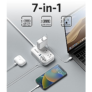 BESTEK Travel Power Strip, Cruise Ship Essentitals with USB C,Flat Plug Extension Cord with 3 Outlets 4 USB Ports(1 PD20W),5 ft Desk Wall Outlets Extender,Non Surge Protector for Cruise